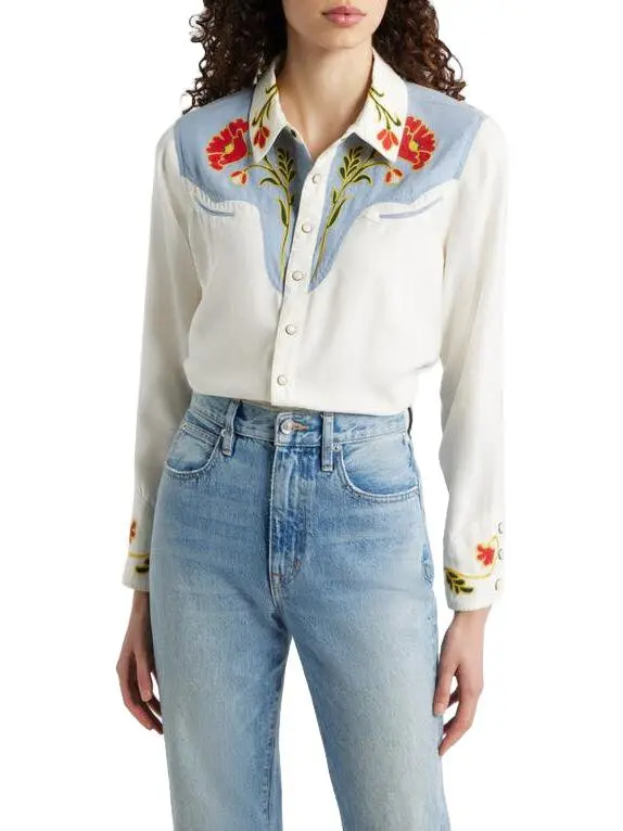The Great. Embroidered Western Shirt - Cream W Chambray Mix