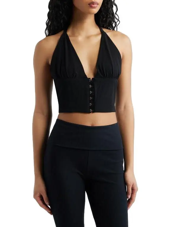 BELLA VENICE Plunge Neck Halter Crop Top - Black