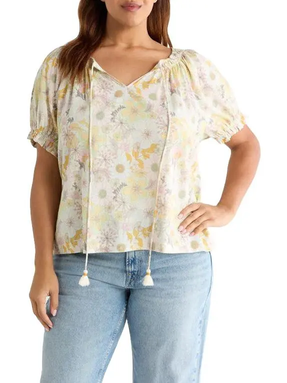 LIVERPOOL Floral Gathered Split Neck Top - Pristine Multi
