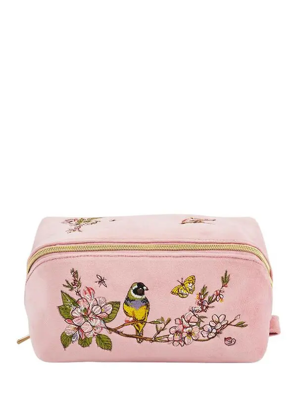 FABLE ENGLAND Love Velvet Embroidered Cosmetic Pouch - Light/pastel Pink