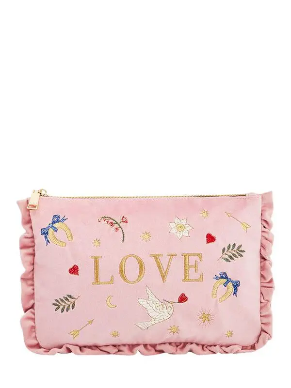 FABLE ENGLAND Love Scatter Velvet Embroidered Pouch - Light/pastel Pink
