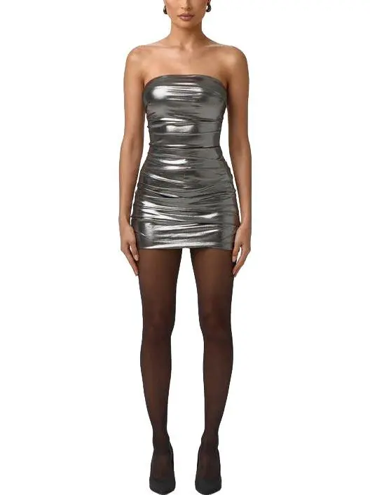 Naked Wardrobe Mirror Metallic Strapless Mini Dress - Gunmetal