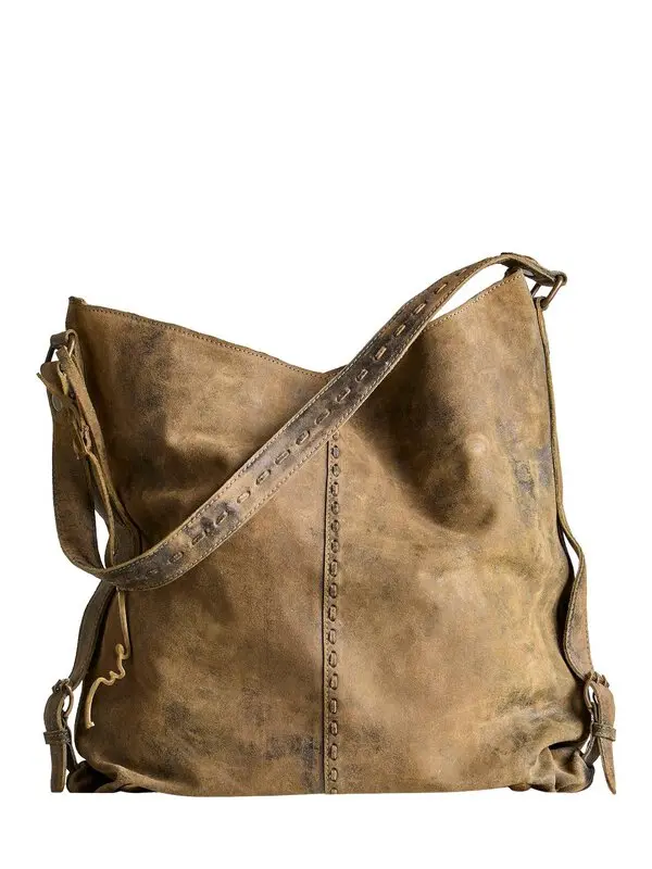 Free People Dallas Distressed Leather Shoulder Bag - Sandblasted Khaki