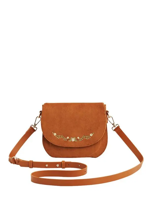 FABLE ENGLAND Floral Embroidered Saddle Bag - Light/pastel Brown
