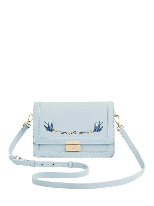 FABLE ENGLAND Bird Embroidered Foldover Purse - Light/pastel Blue