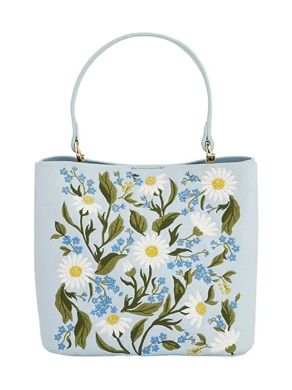 FABLE ENGLAND Emma Forget Me Not Embroidered Bucket Bag - Light/pastel Blue