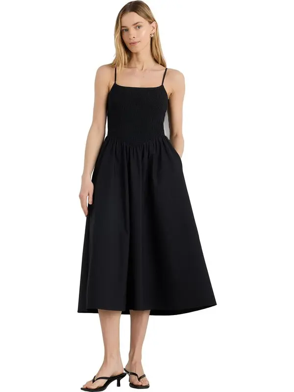 Quince Poplin Drop Waist Midi Dress - Black