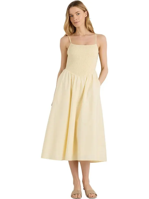 Quince Poplin Drop Waist Midi Dress - Pale Custard Yellow