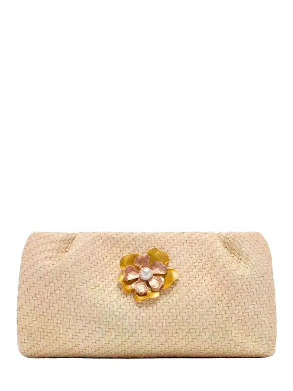 MALONE SOULIERS Raffia Clutch With Flower Detail - Neutrals