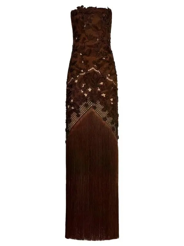 Oscar De La Renta Strapless Fringed Maxi Dress - Brown