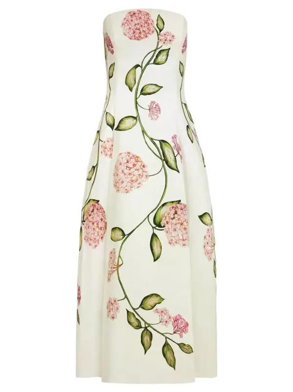 Oscar De La Renta Flower-print Strapless Midi Dress - White