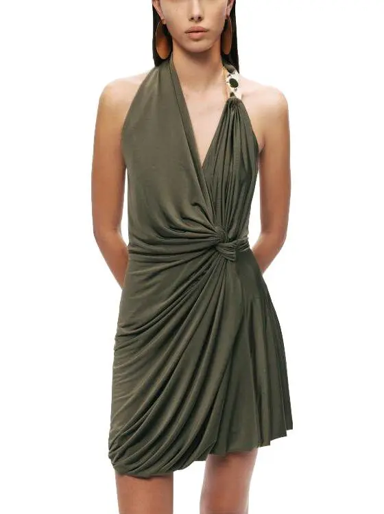 NOCTURNE Draped Halter Mini Dress - Khaki