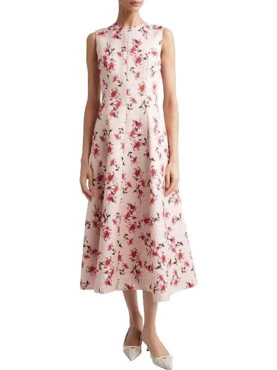 EMILIA WICKSTEAD Mara Floral Sleeveless A-line Faille Midi Dress - Summer Lillies Red On Pink