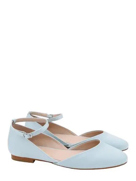 KAILEE P Satin Round Toe Flat With Ankle Strap - Light Blue