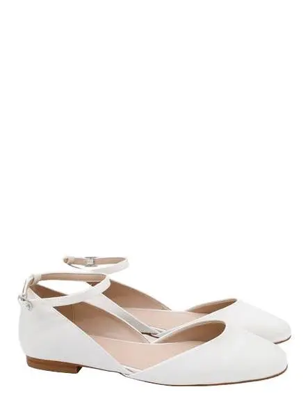 KAILEE P Satin Round Toe Flat With Ankle Strap - White