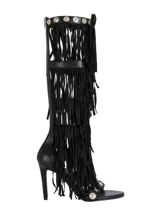 AZALEA WANG Sameya Fringe Stiletto Sandal Boots - Black