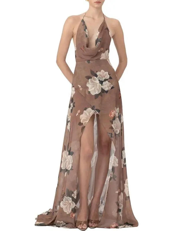 SAU LEE Cairo Floral Plunge Halter Neck Gown - Desert Taupe
