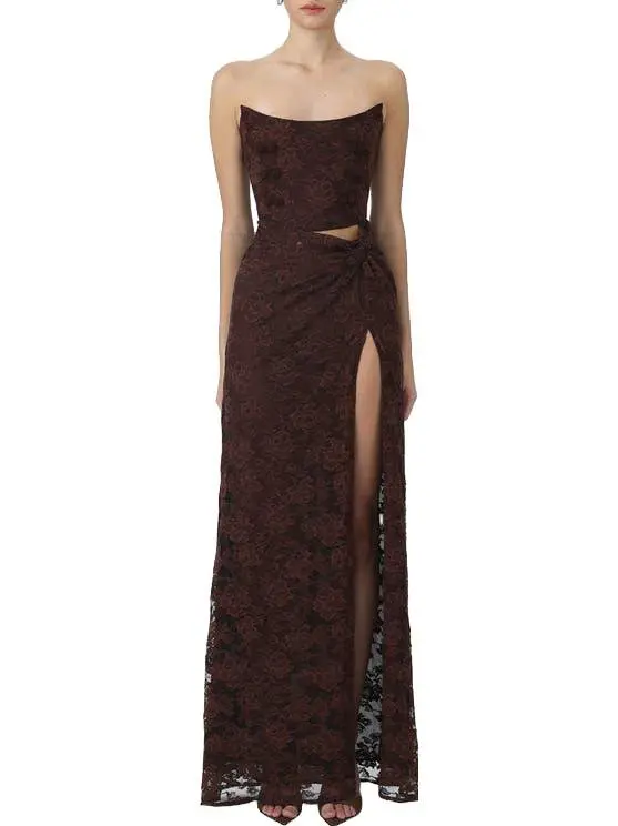 SAU LEE Floral Lace Strapless Gown With Cutout - Dark Walnut