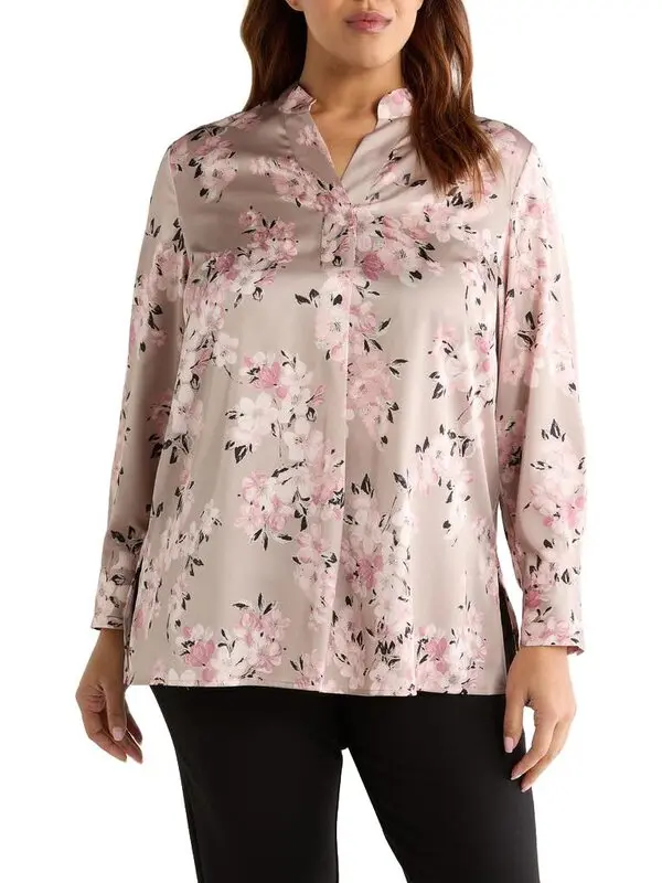Anne Klein Floral Print Popover Top - Porcini Multi