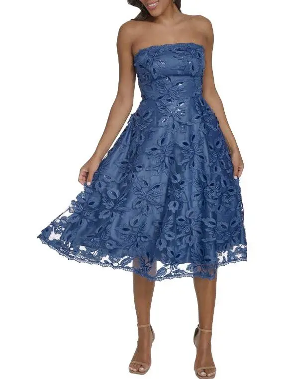Eliza J Floral Sequin Strapless Midi Dress - Blue