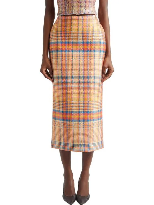 Brandon Maxwell The Mercer Bonded Virgin Wool & Silk Pencil Skirt - Orange Plaid