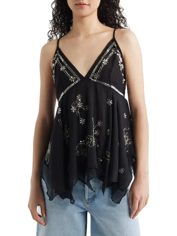Free People Floral Embellished Top - Black