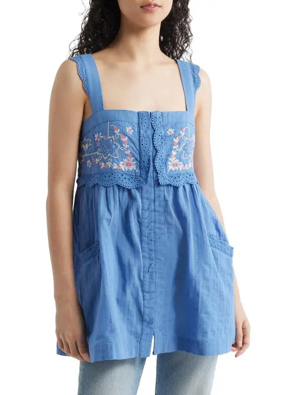 Free People Farrah Floral Embroidered Babydoll Tunic - Cold River