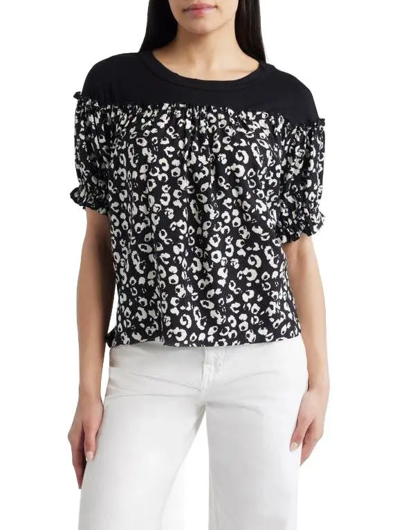 Loveappella Contrast Yoke Ruffle Top - Black/beige