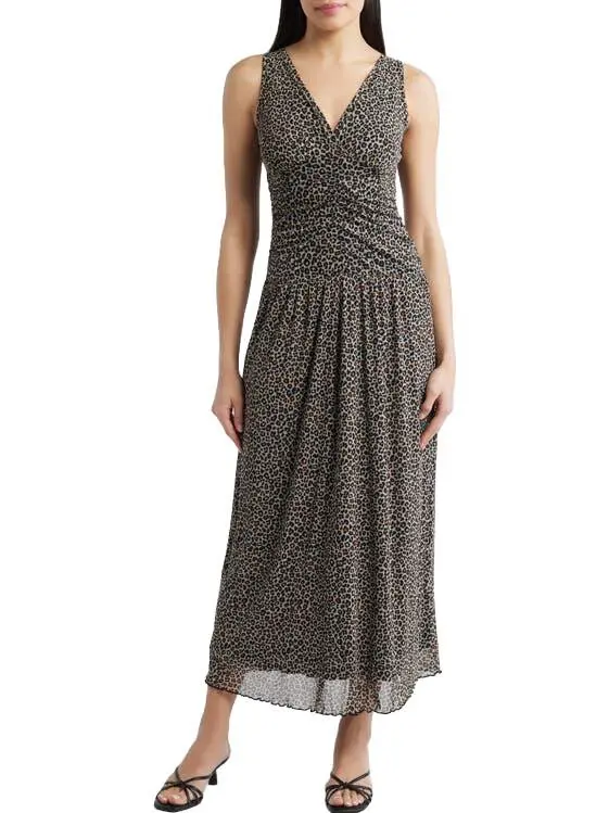 Loveappella Leopard Print Ruched Mesh Maxi Dress - Taupe