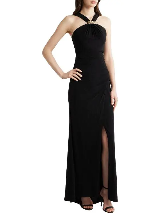Eliza J Halter Neck Ruched Mermaid Gown - Black