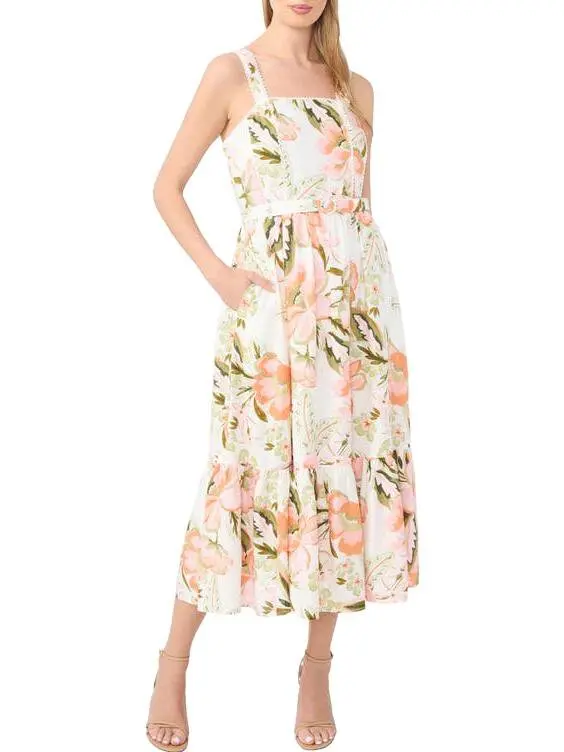 CECE DUPRAZ Floral Print Smocked Back Midi Dress - New Ivory