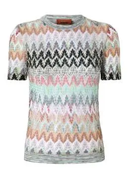 Missoni Crewneck T-shirt In Cotton And Viscose Lamé With Zigzag Lace Motif - Multicoloured