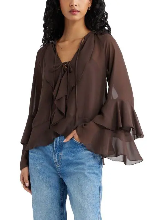 OPEN EDIT Chiffon Ruffle Trim Blouse - Brown Seal