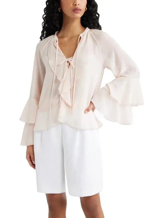 OPEN EDIT Chiffon Ruffle Trim Blouse - Pink Peony Bud