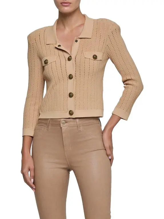 L'Agence Risa Snap Front Pointelle Knit Cardigan - Light Almond/gold
