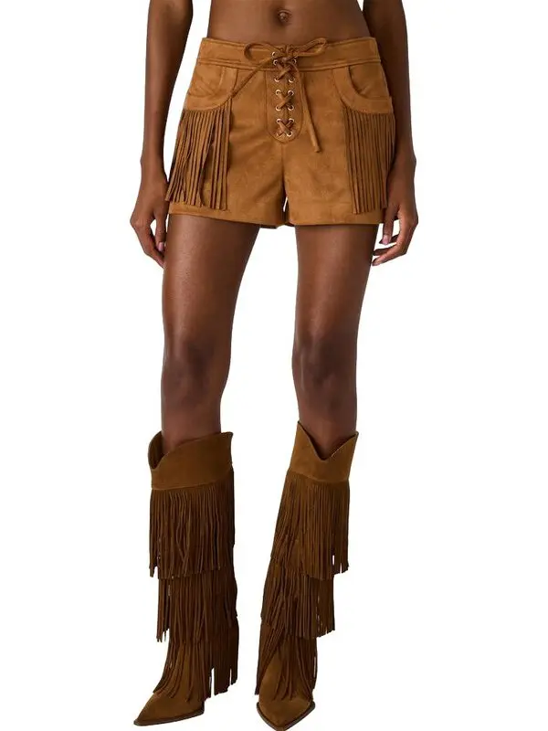 Steve Madden Fringe Detail Faux Suede Shorts - Chicory Coffee