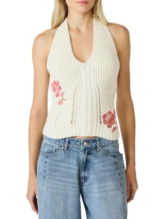 Steve Madden Floral Embroidered Crochet Knit Halter Top - Natural