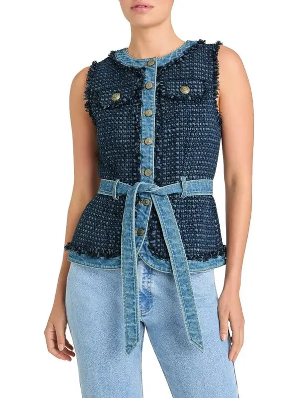 Cinq À Sept Joans Belted Tweed Vest - Blue Haze/indigo Multi