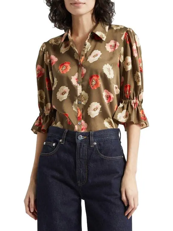 Cinq À Sept Fiona Floating Poppies Button-up Top - Dark Olive Multi