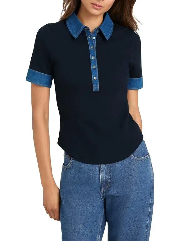 Cinq À Sept Denim Trim Rib Top - Navy/medium Wash