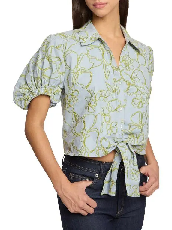 Cinq À Sept Floral Embroidery Puff Sleeve Shirt - Bluebell/pear Green