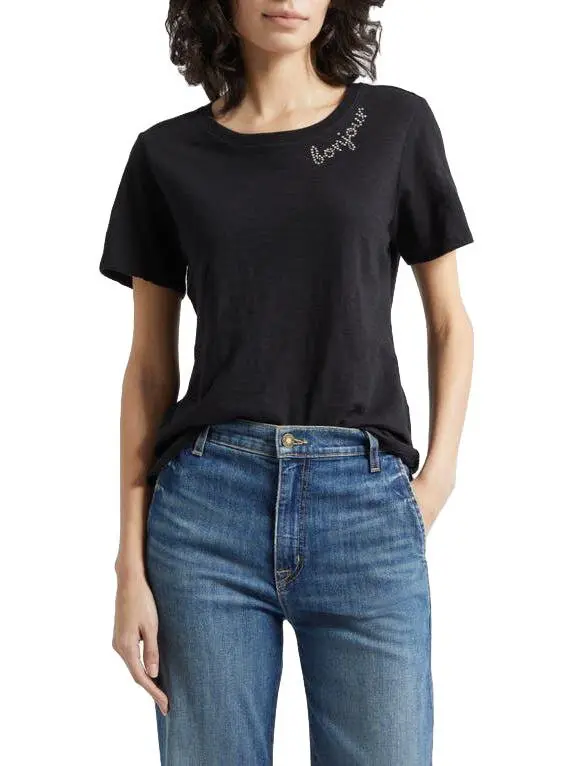 Cinq À Sept Rhinestone Bonjour Cotton T-shirt - Black/clear