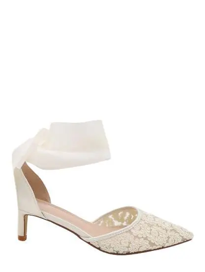 KAILEE P Crochet Lace Kitten Heel With Ribbon Tie - Ivory