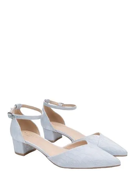 KAILEE P Adele Lace Pointy Toe Block Heels With Ankle Strap - Light Blue