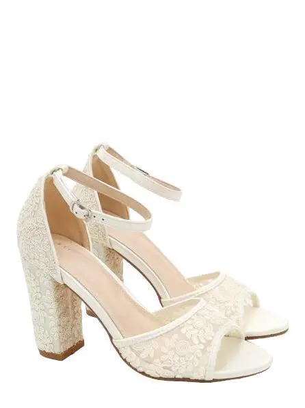 KAILEE P Faith Crochet Lace Block Heel Sandals With Ankle Strap - Ivory