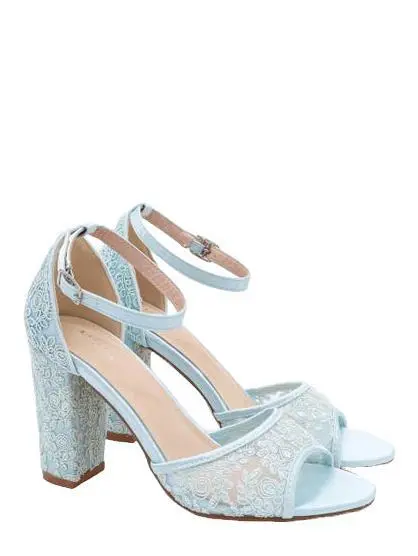 KAILEE P Faith Crochet Lace Block Heel Sandals - Light Blue