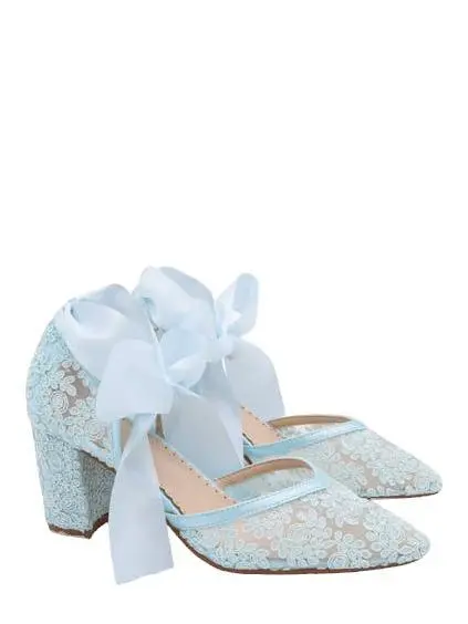 KAILEE P Abby Lace Block Heel With Satin Ankle Tie - Light Blue