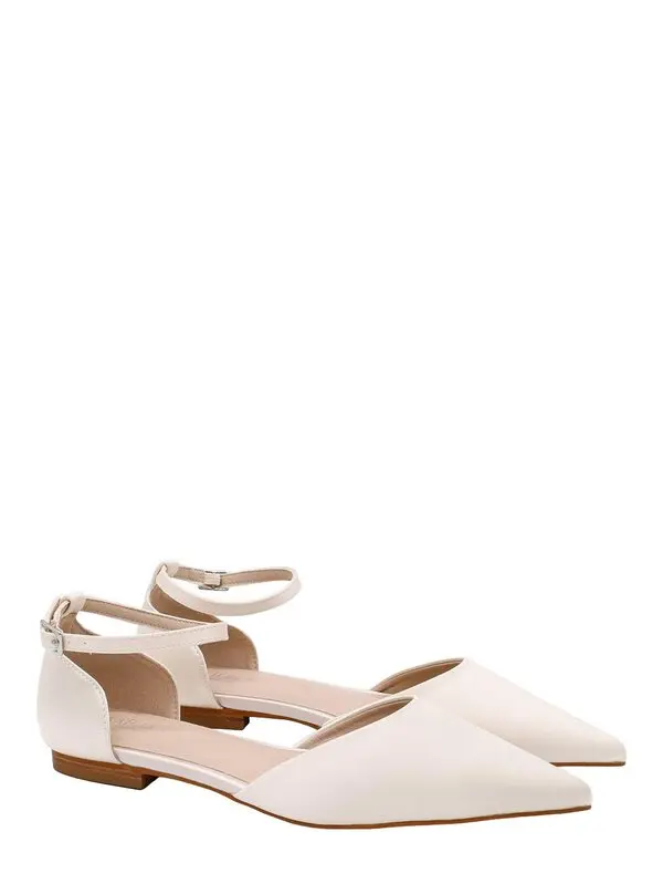 KAILEE P Bella Satin Pointed Toe Ankle Strap Flats - Ivory