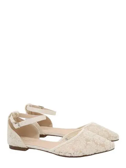 KAILEE P Twila Crochet Lace Pointed Toe Flats With Ankle Strap - Ivory