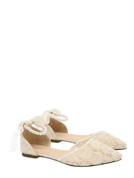 KAILEE P Twila Crochet Lace Pointed Toe Flats With Pearl Ankle Strap - Ivory